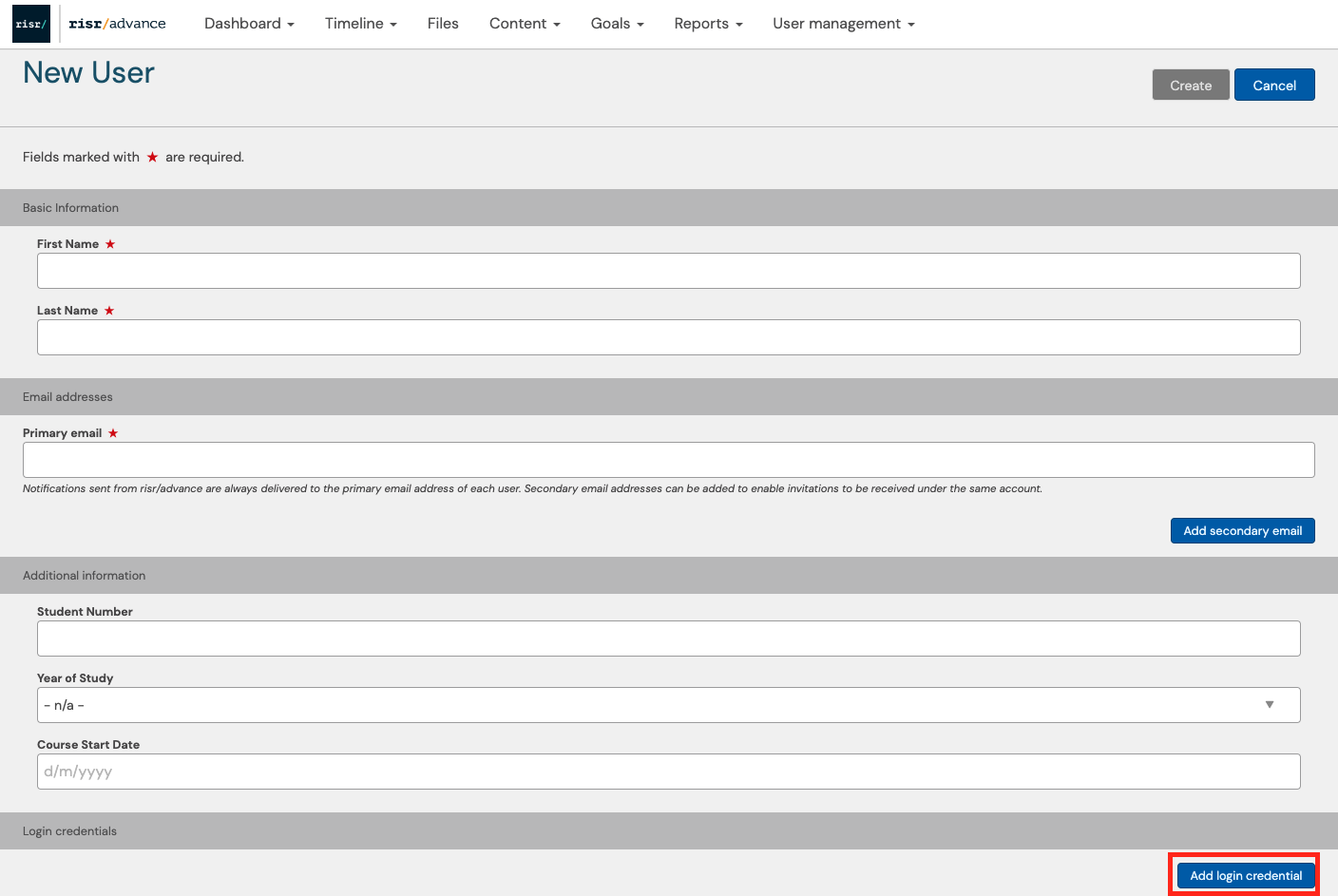 Creating and managing login credentials – risr/advance