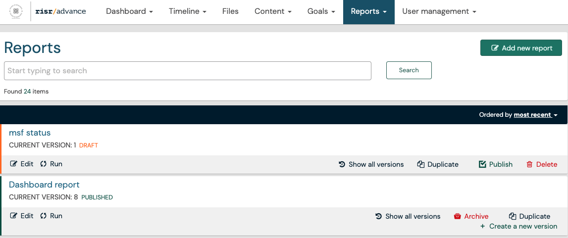 Create a new report – risr/advance